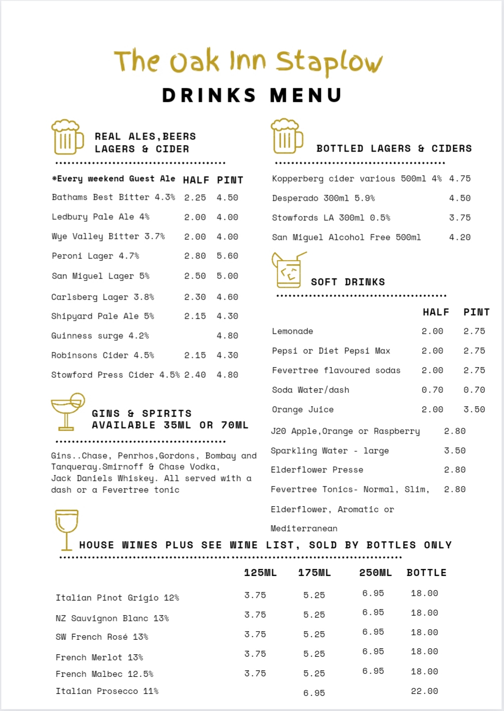 Drinks Menu | The Oak Inn Staplow