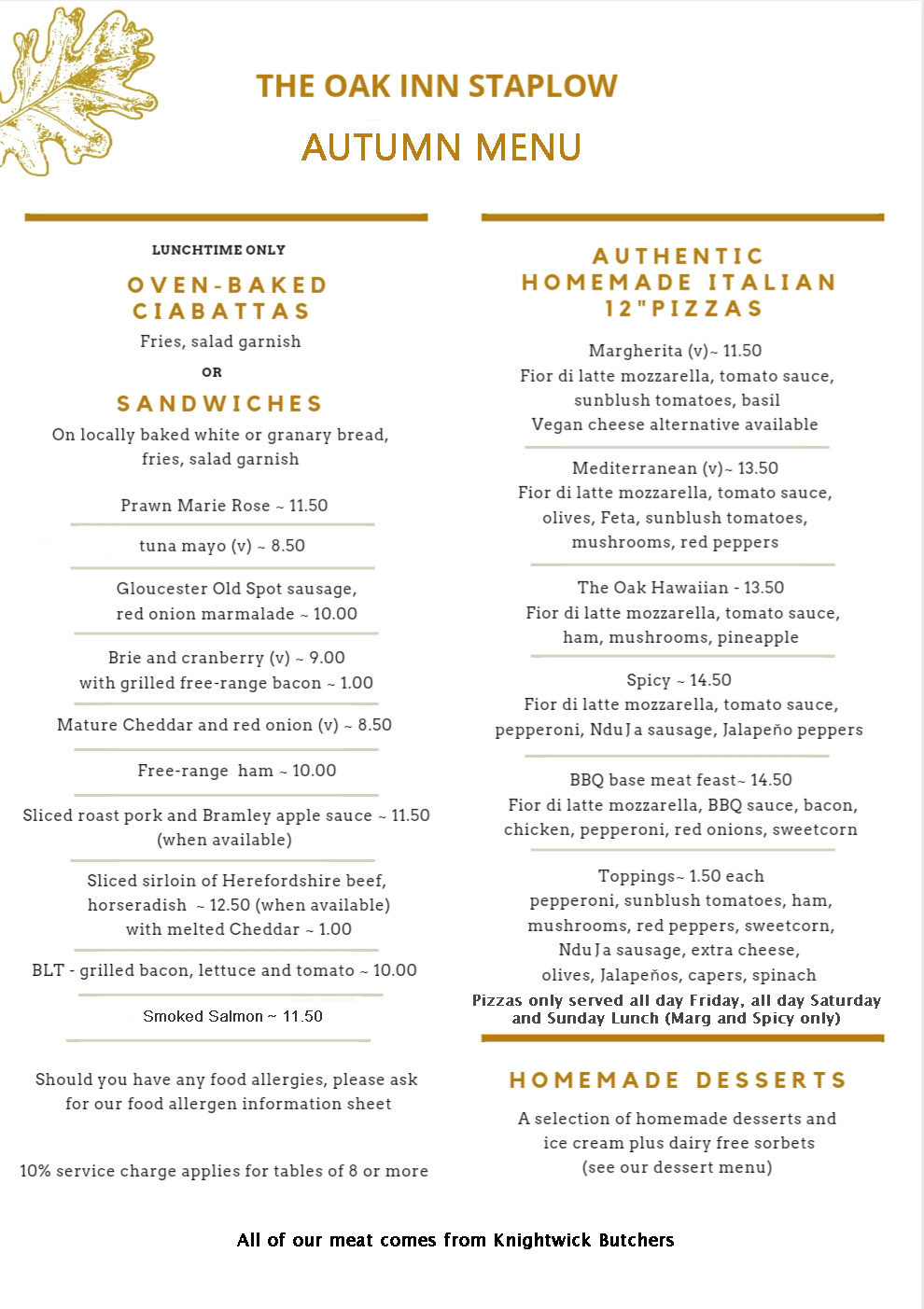 Main Menu | The Oak Inn Staplow