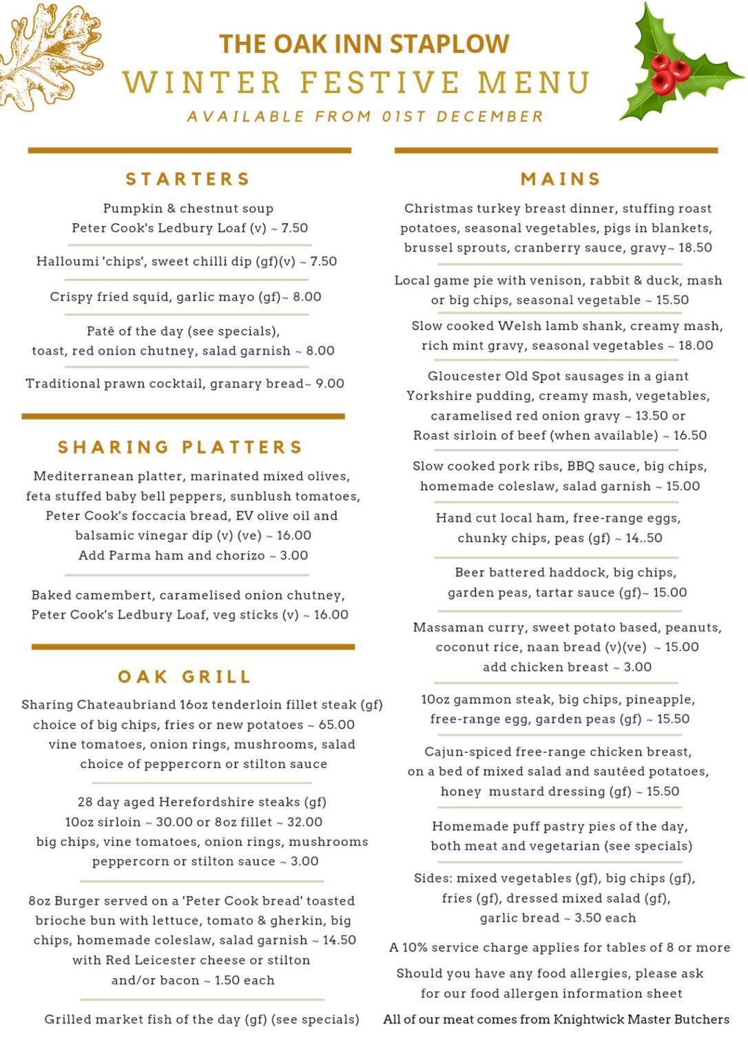 Winter Festive Menu | The Oak Inn Staplow