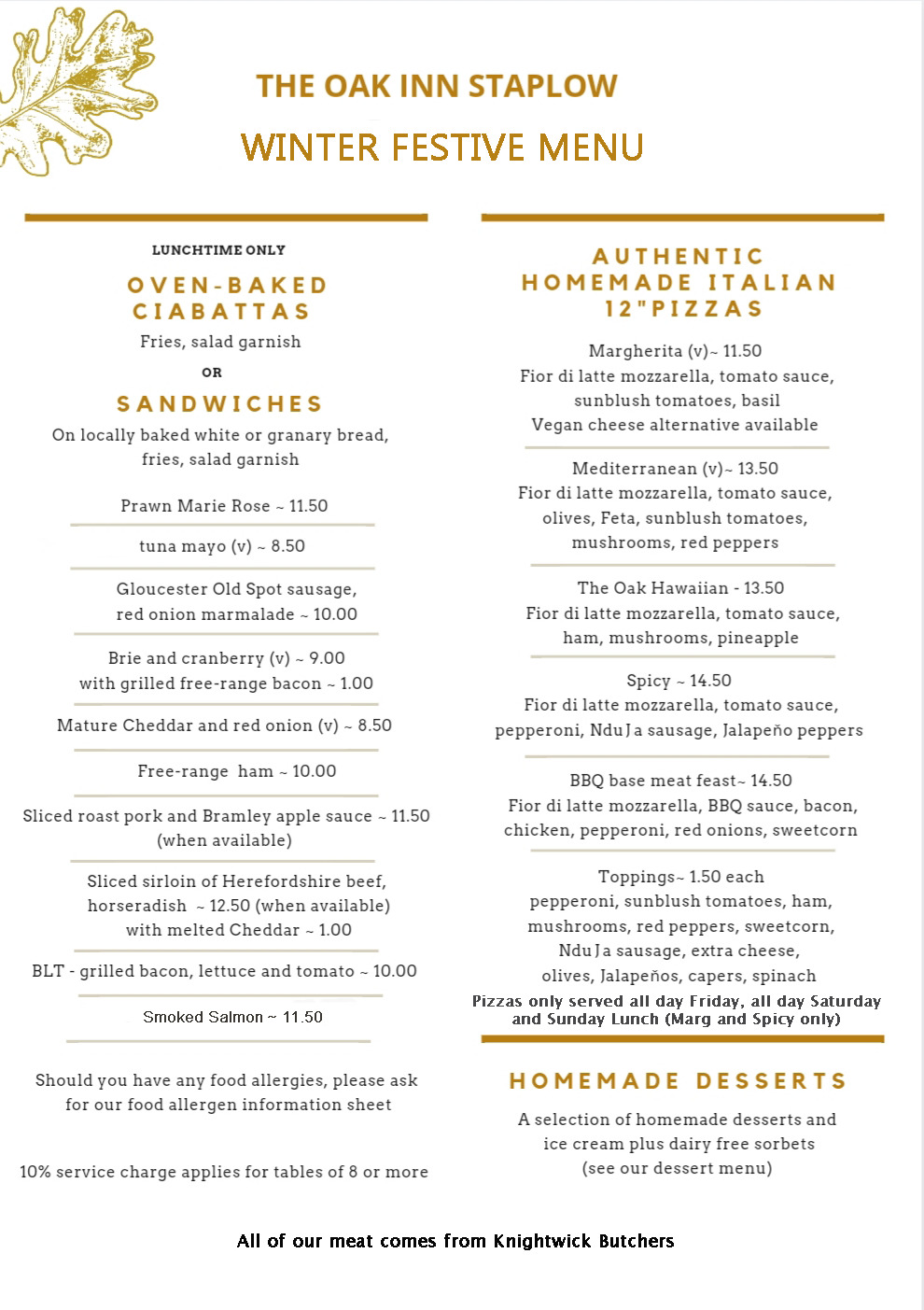 Main Menu | The Oak Inn Staplow