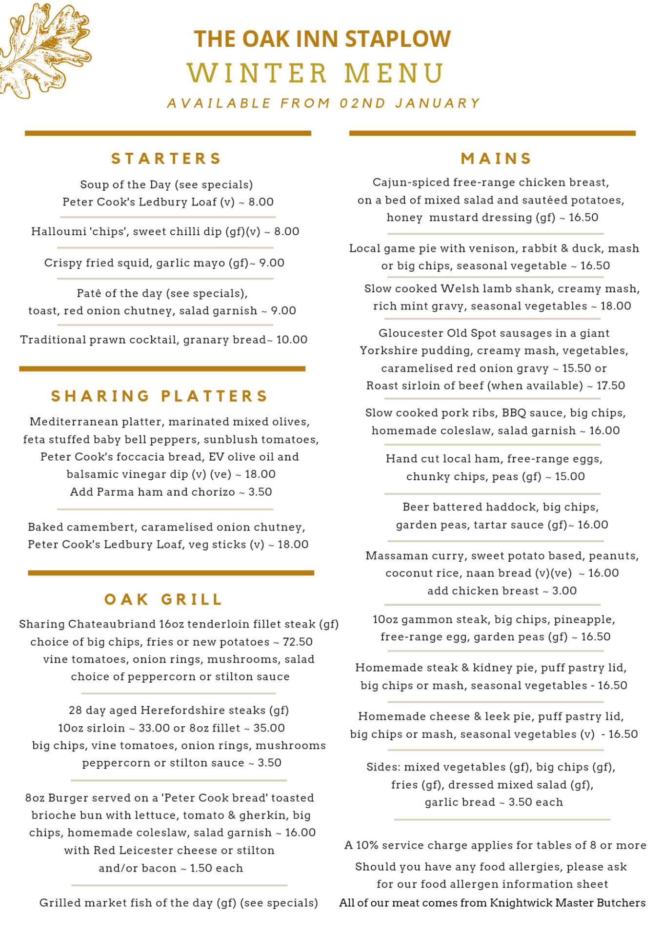 Main Menu | The Oak Inn Staplow