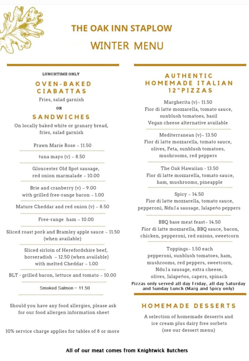 Main Menu | The Oak Inn Staplow