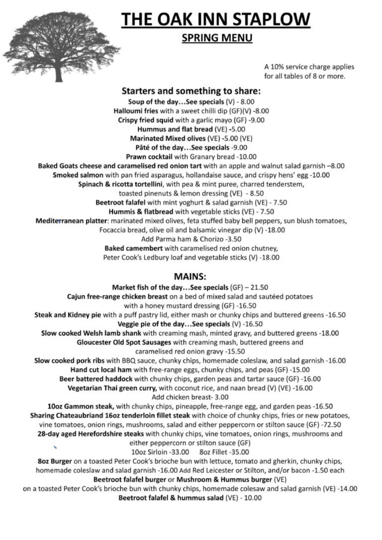 Main Menu | The Oak Inn Staplow