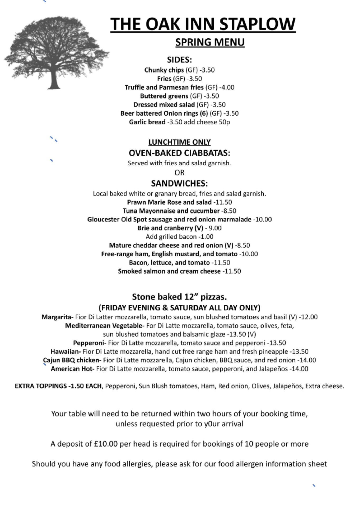 Main Menu | The Oak Inn Staplow