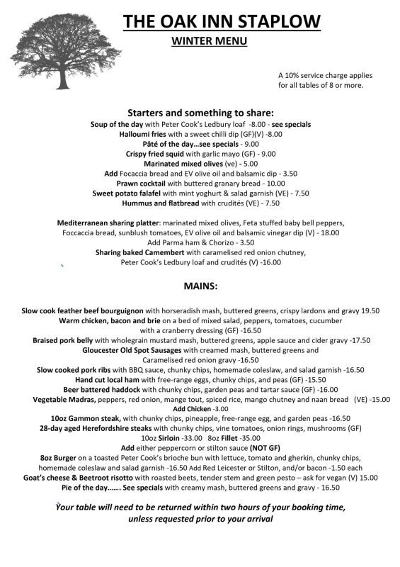 Main Menu | The Oak Inn Staplow