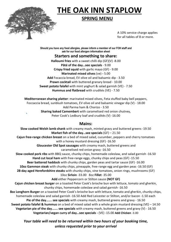 Main Menu | The Oak Inn Staplow