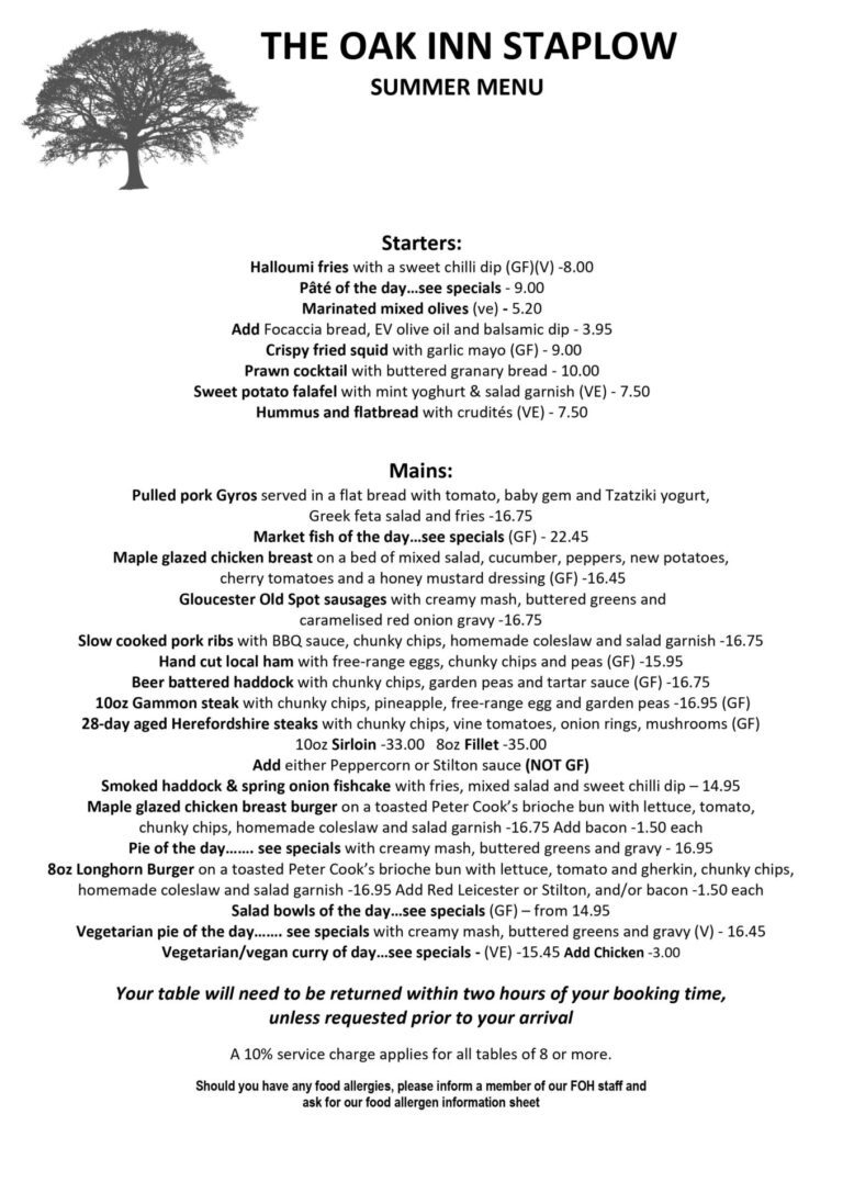 Main Menu | The Oak Inn Staplow