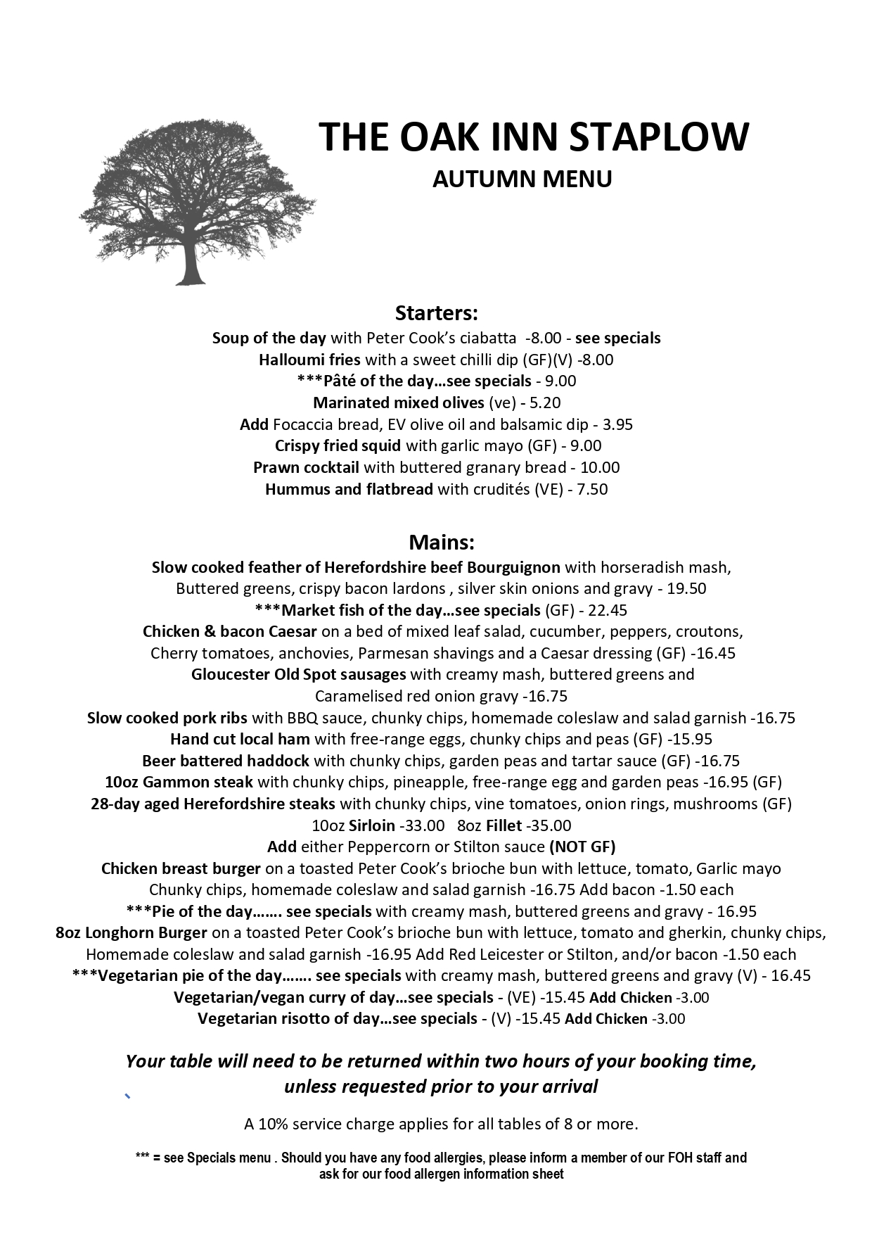 Main Menu | The Oak Inn Staplow