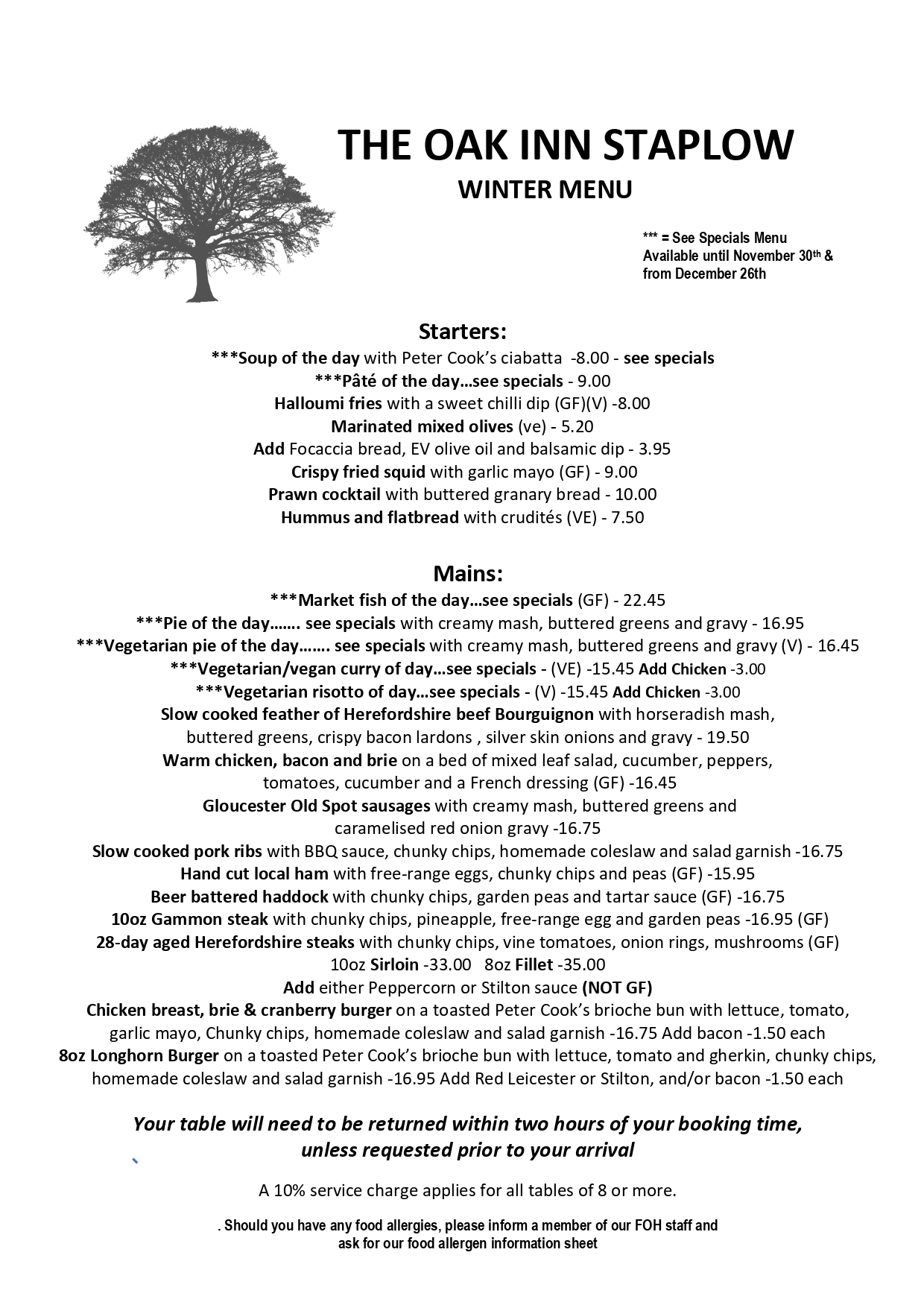 Main Menu | The Oak Inn Staplow