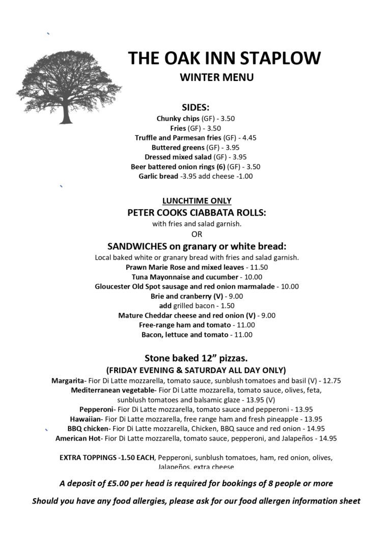 Main Menu | The Oak Inn Staplow