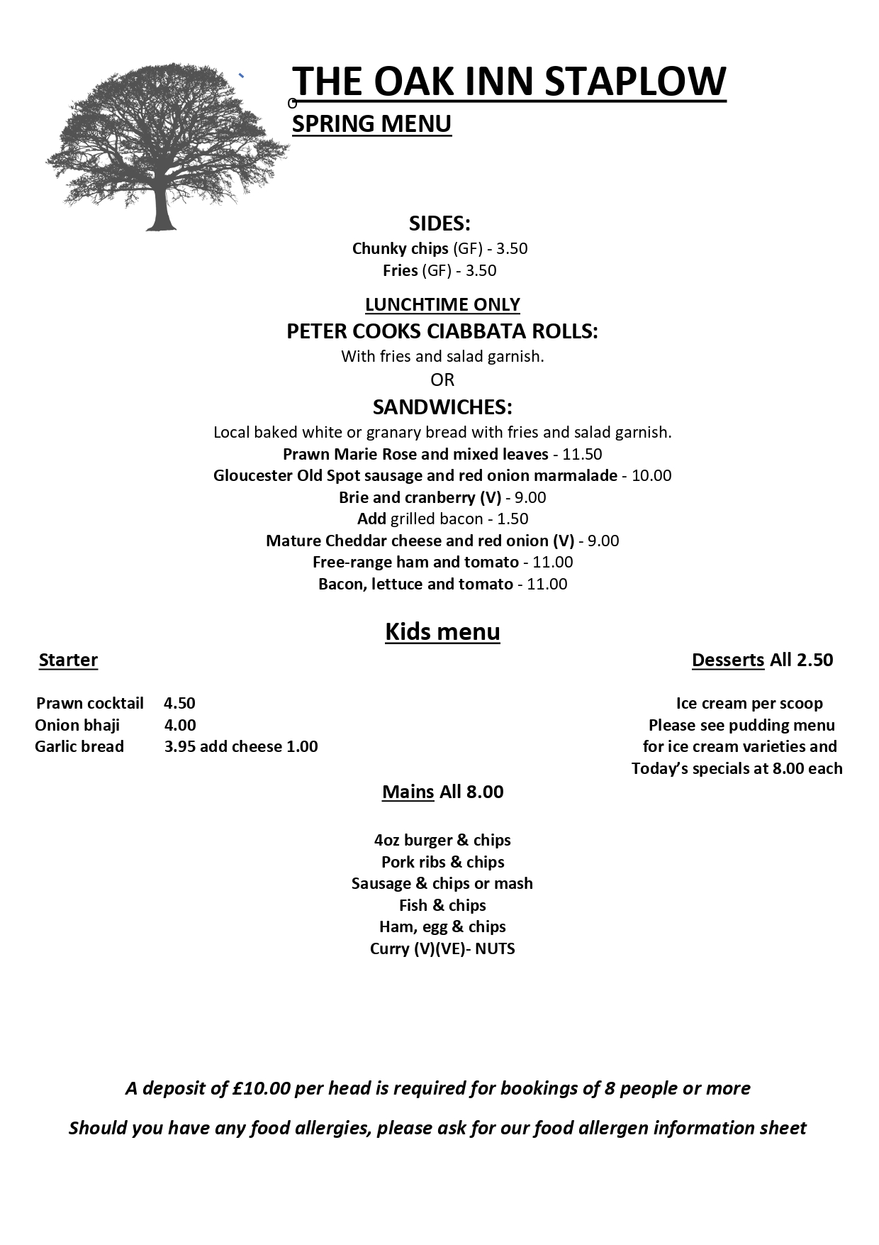 Main Menu | The Oak Inn Staplow