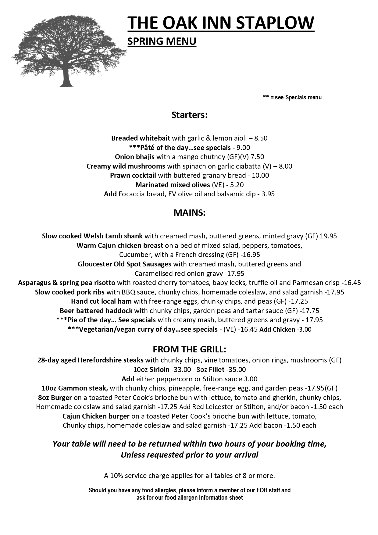 Main Menu | The Oak Inn Staplow