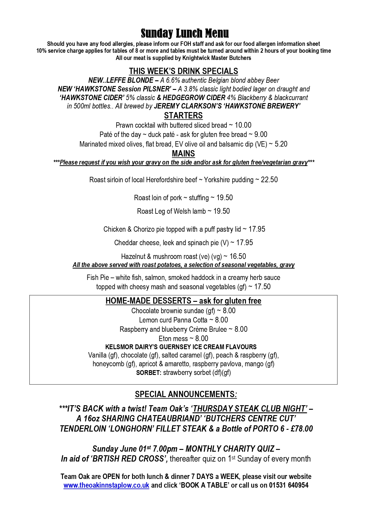 Sunday Menu | The Oak Inn Staplow