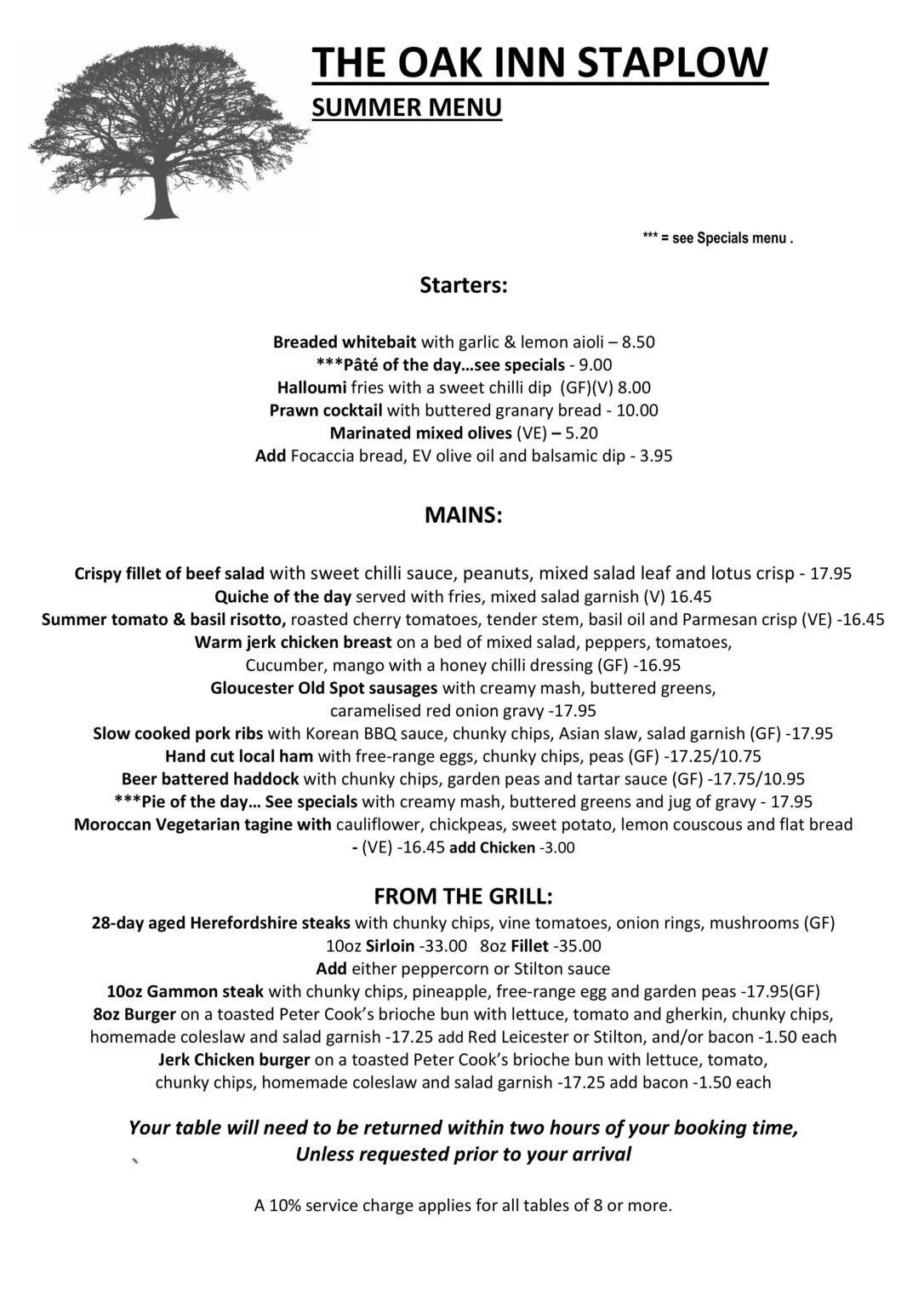 Main Menu | The Oak Inn Staplow